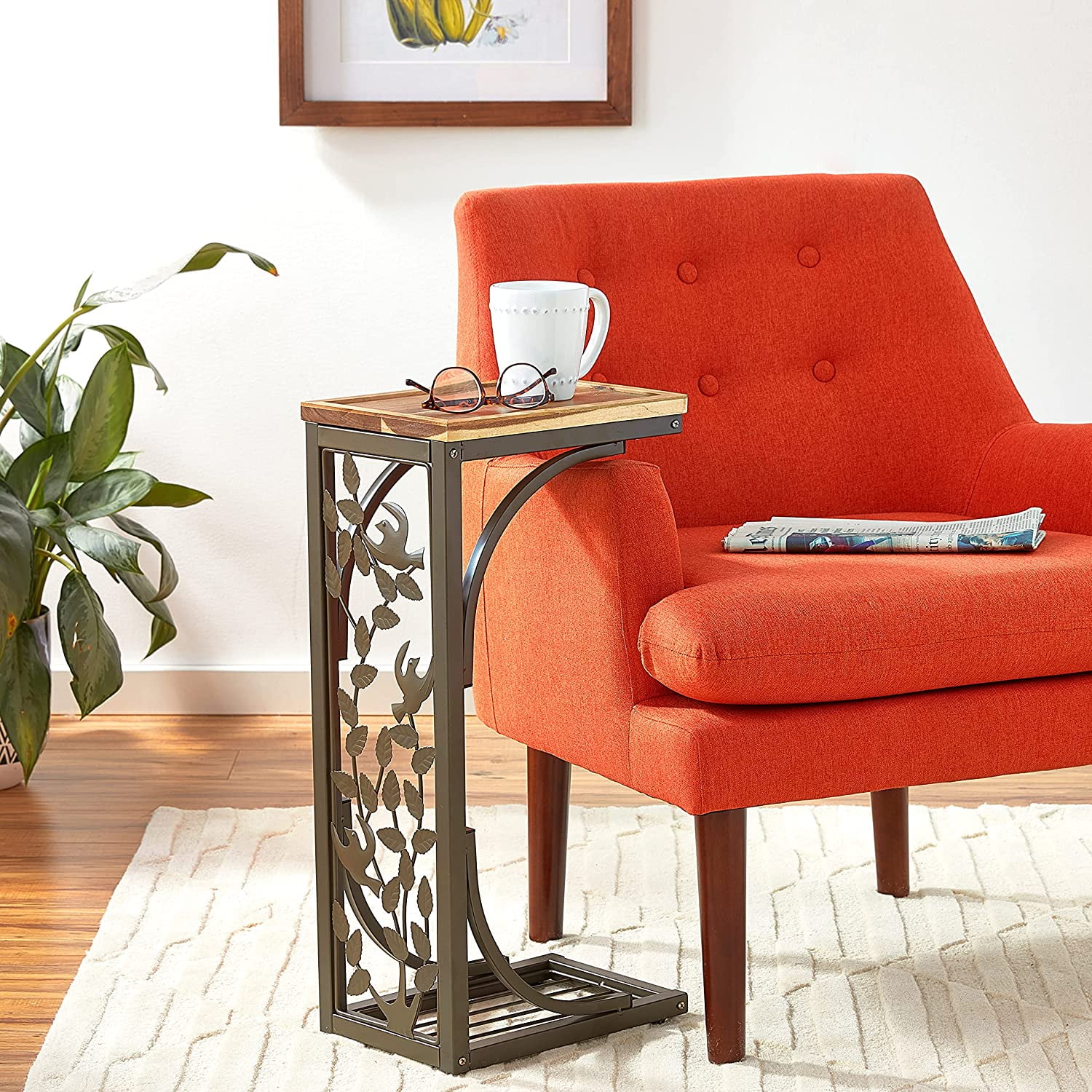 2' Side Sofa Snack Table with Acacia Wood Top and Bird Motif - Walmart.com
