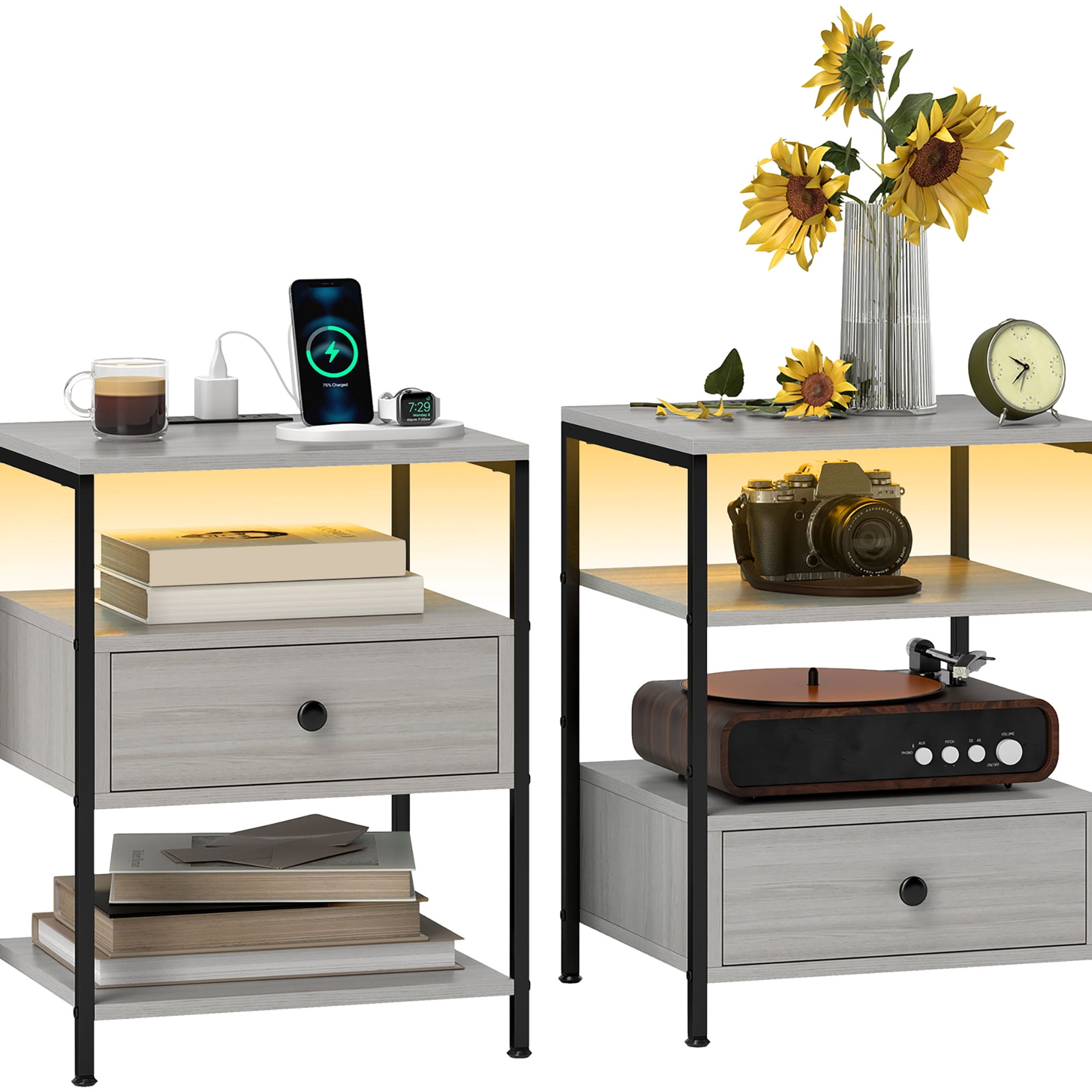 Of 2 Side Tables With Charging Stations & Led Lights, 3 Ports ...