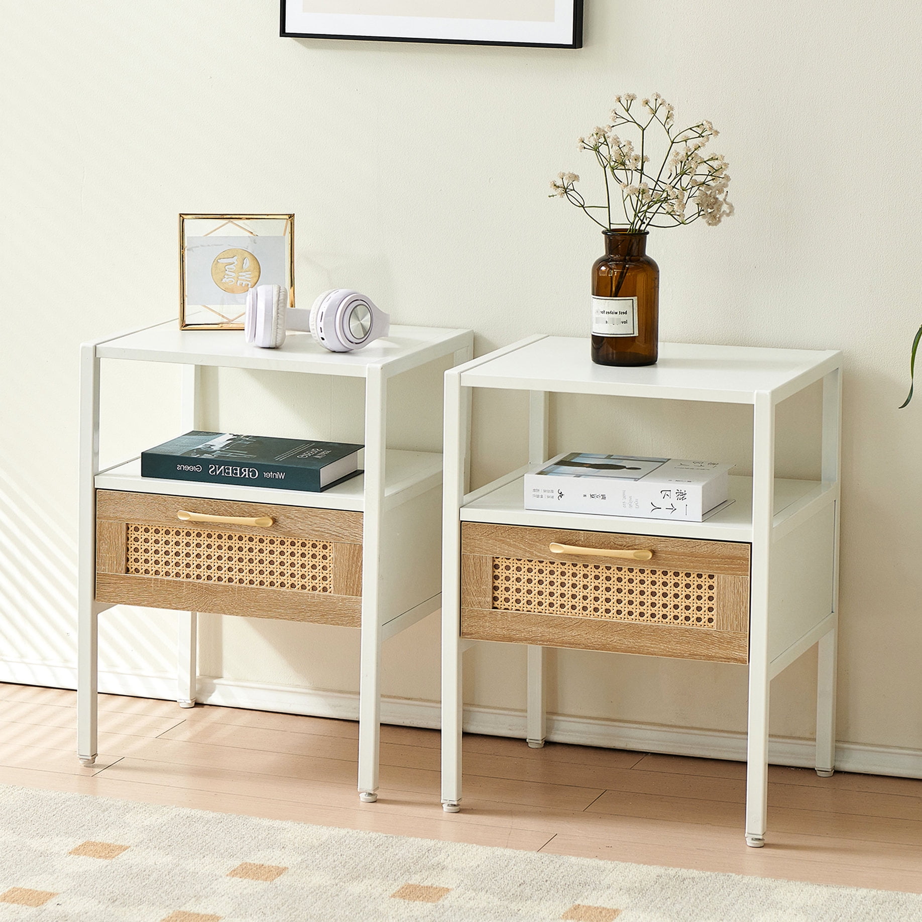 2 Side Tables for Living Areas | Multi-functional with Rattan Drawer ...