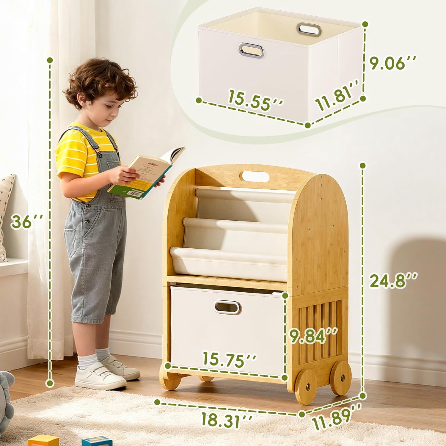 2-Sided 3-Tier Kids Bookshelf with Safe Wheels and Large Storage Drawer ...