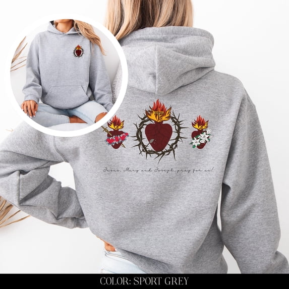 2 Sided Sacred Heart of Jesus hoodie, Holy Family Hearts at the Back ...