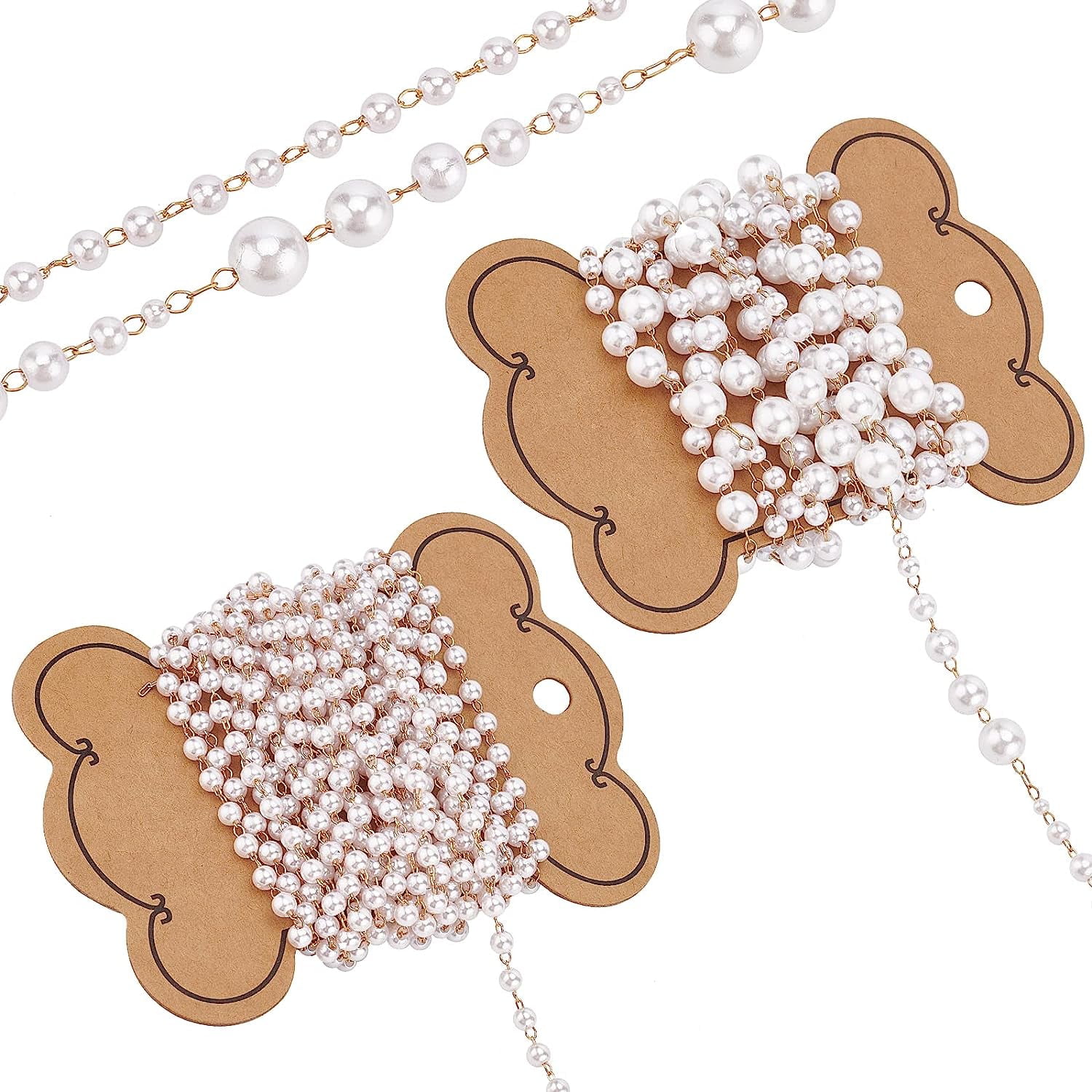 2 Size Pearl Beads Chains White Faux Beads Brass Chain Link with Spool ...