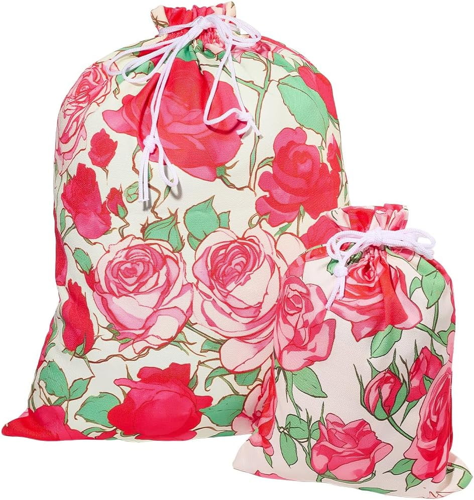 2 Sizes Rose Drawstring Bags Large Fabric Gift Bags Red Flowers Printed ...