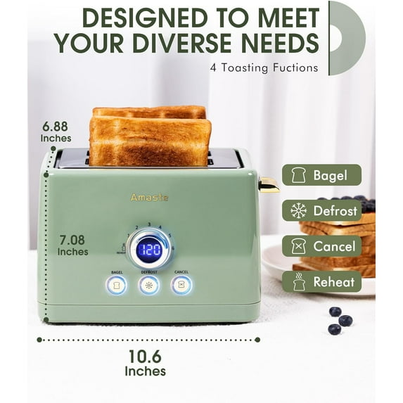 2 Slice Toaster, Retro Bread Toaster with LED Display, Extra Wide Slots ...