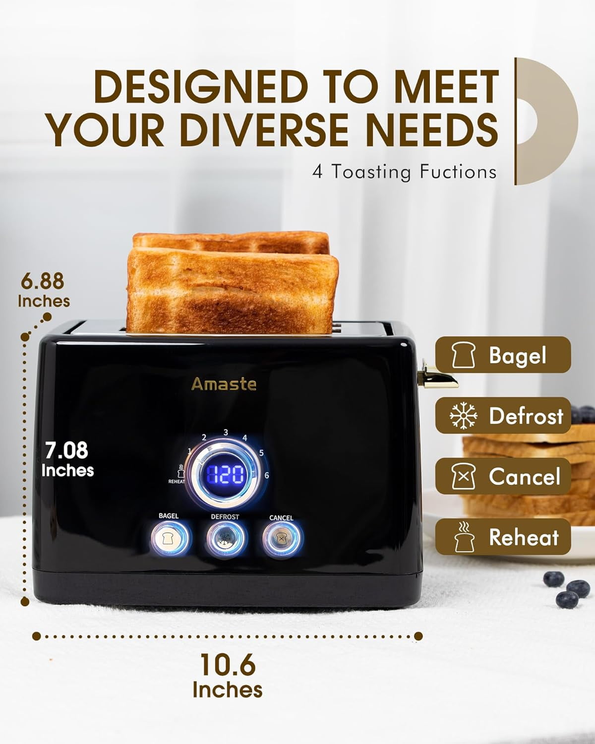 2 Slice Toaster - Retro Style with LED Display, Extra Wide Slots, 6 ...