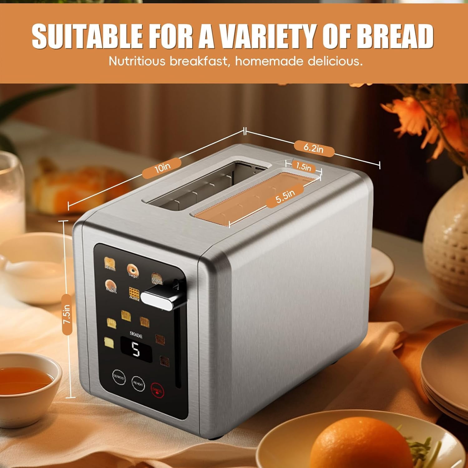 2 Slice Toaster with Touchscreen, 6 Shade Settings & Digital Timer for ...