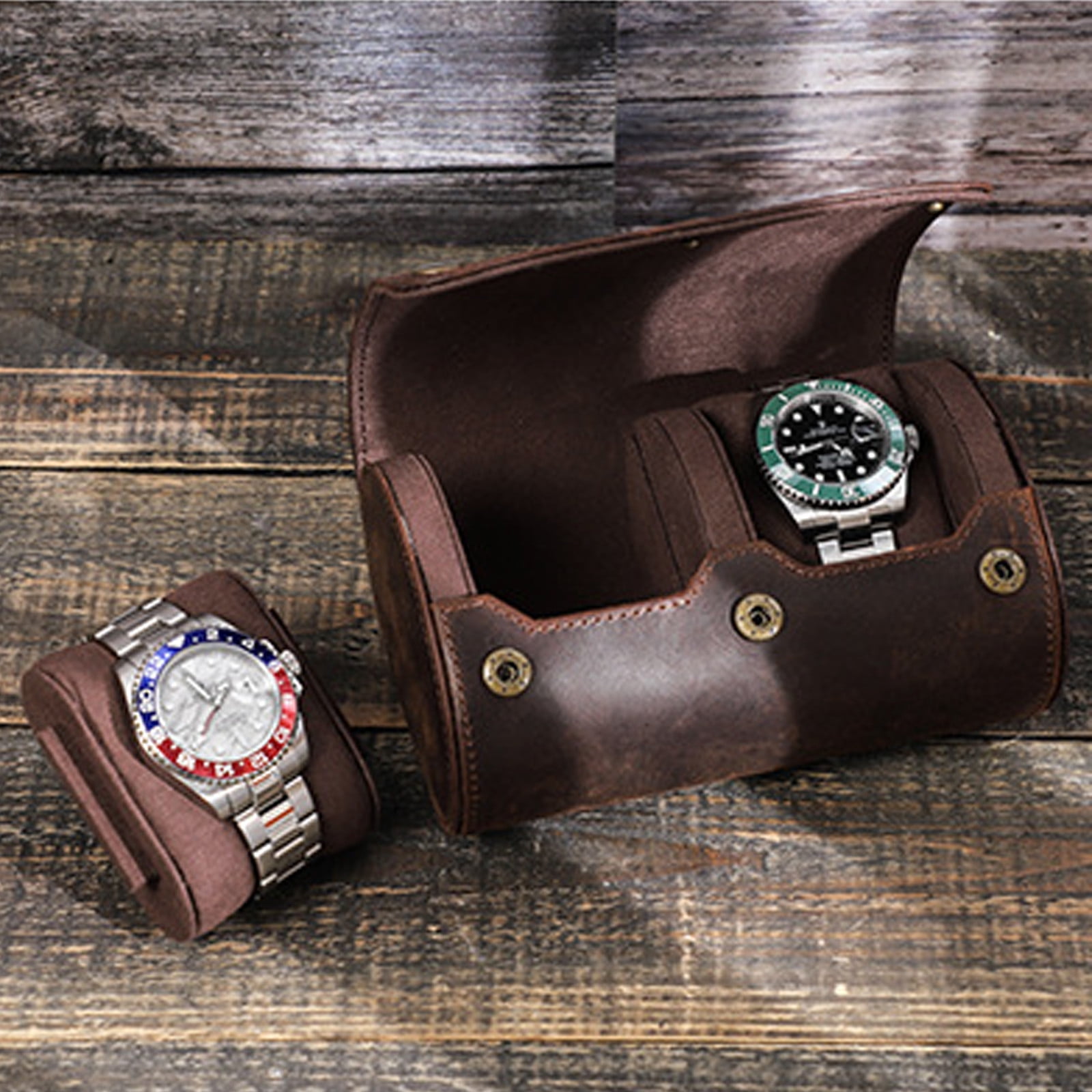 2-Slot Leather Watch Roll Case – Vintage Crazy Horse Cowhide Travel ...