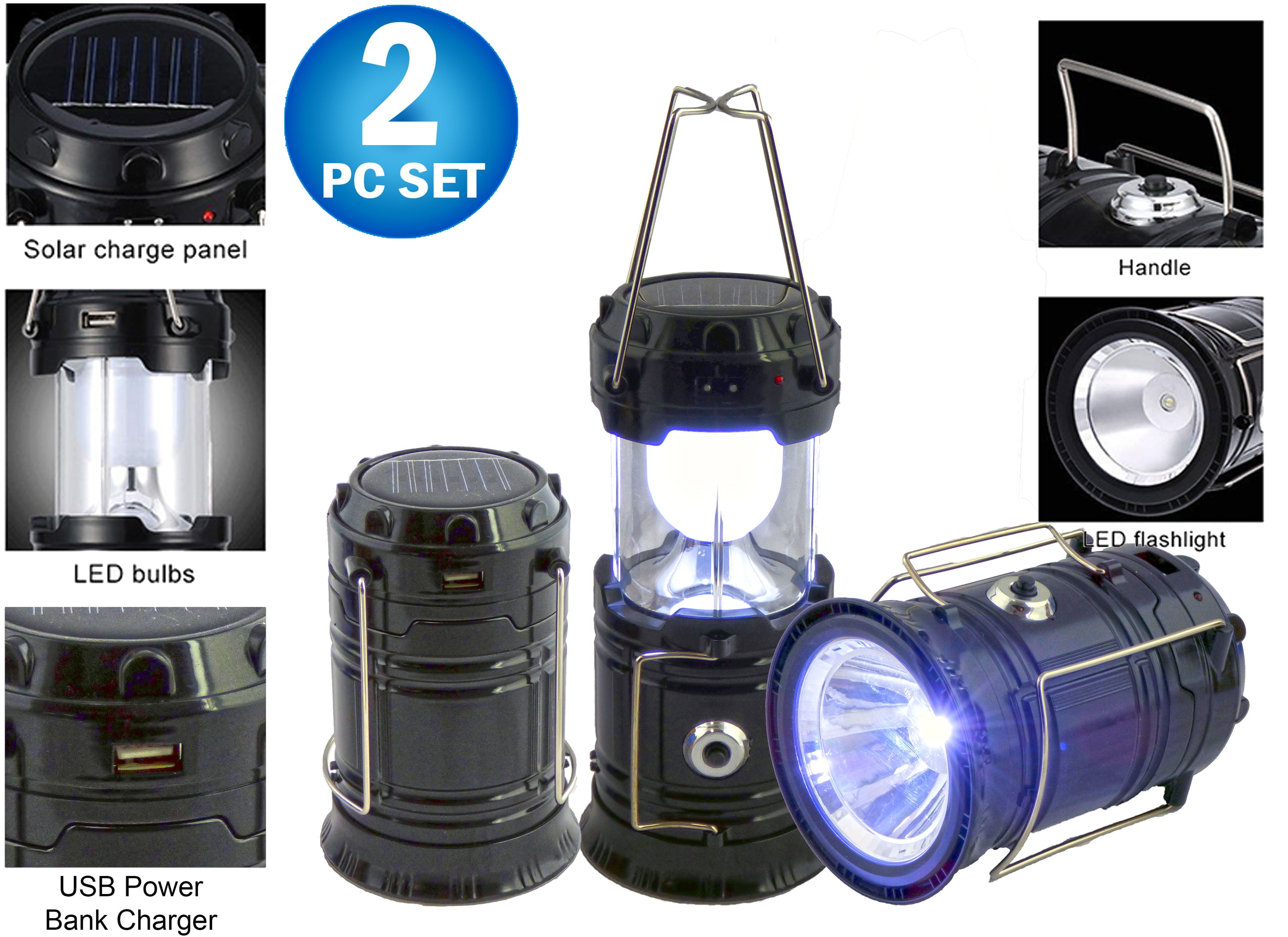 2-Pack Solar LED Lantern - Rechargeable, USB Power Bank, Camping Light ...
