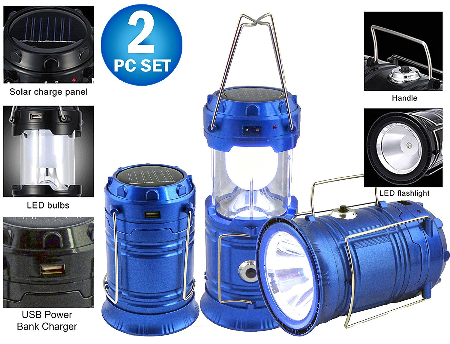 2-in-1 Blue Solar LED Lanterns - Rechargeable, Collapsible, USB Power ...