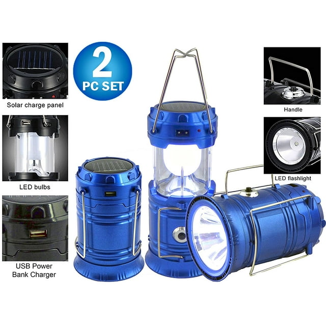 2-in-1 Blue Solar LED Lanterns - Rechargeable, Collapsible, USB Power ...