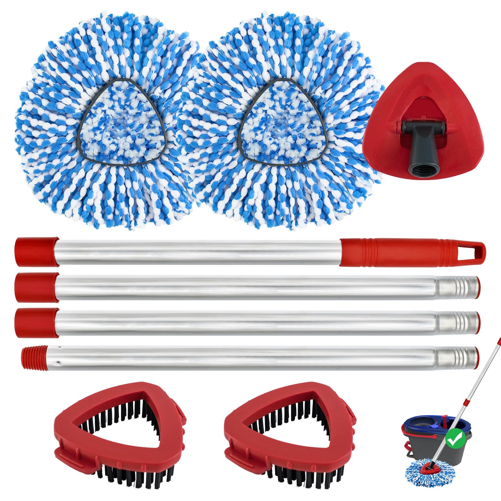 2 Spin Mop Head Replacement,2 Brush,1 Base,4 Section Mop Handle Combo ...