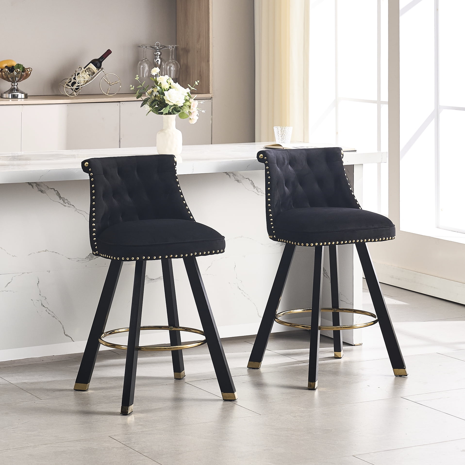 Of 2 Square Foot Wooden Bar Chairs, Velvet Embellished, 360° Rotation ...