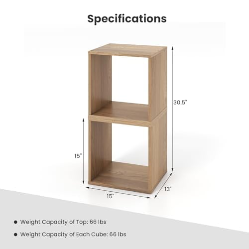 2 Stackable Cubes Bookcase, Wooden Cubby Storage Organizer with Anti-Tipping Device, Small Book ...