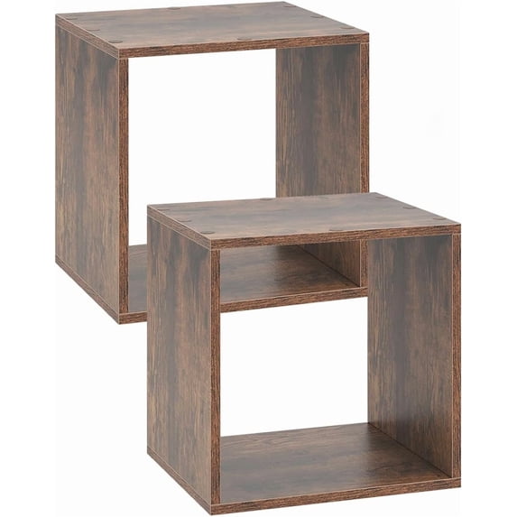 2 Stackable Wooden Cube Bookcase, Rustic Brown Cubby Storage Organizer ...