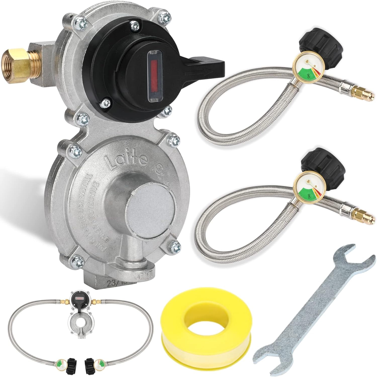 2 Stage Changeover Propane Regulator with Two 18" RV Pigtail Propane ...