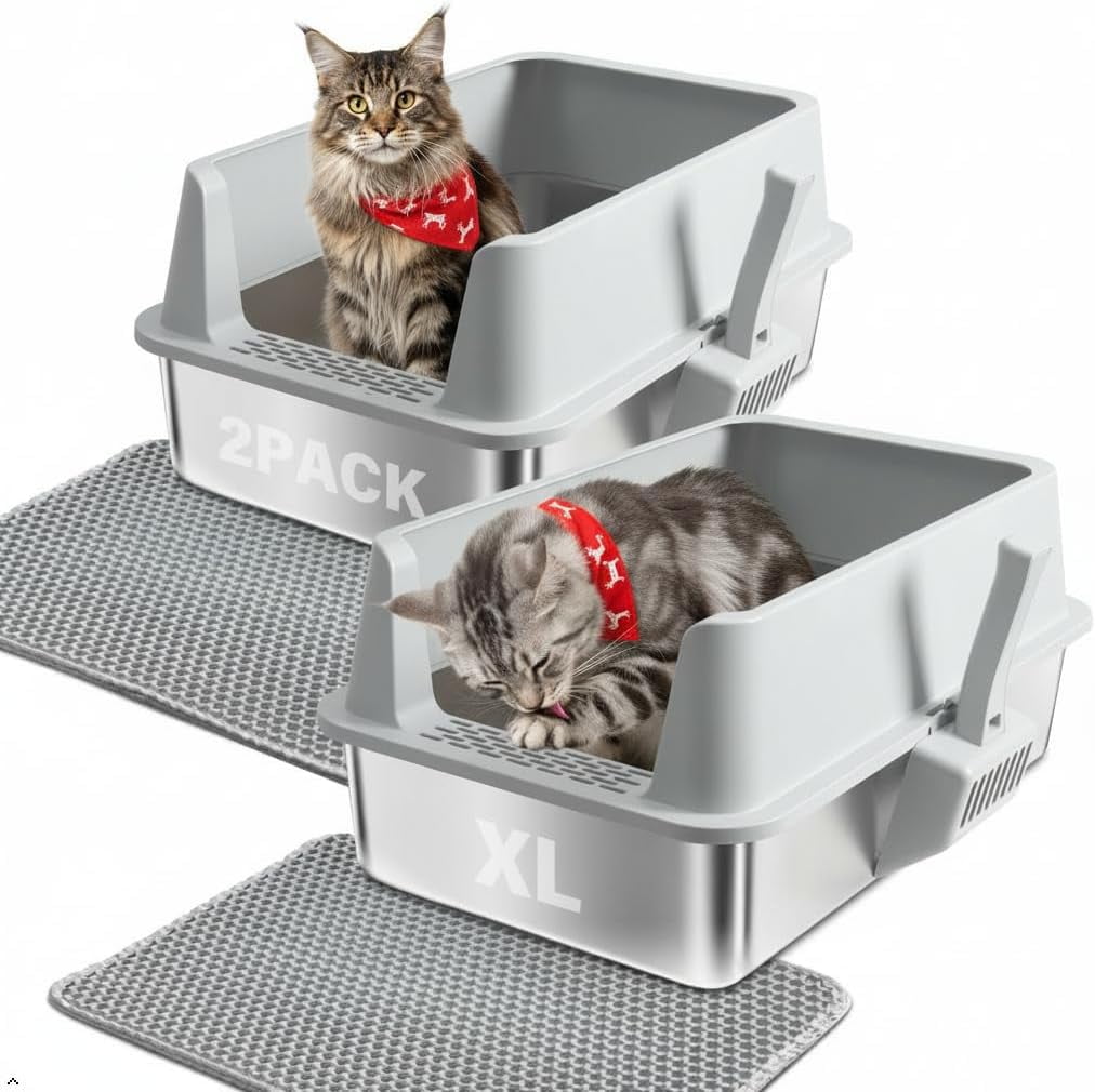 2 Stainless Litter Box with Lid, XL Litter Box for Big Cats, Large ...