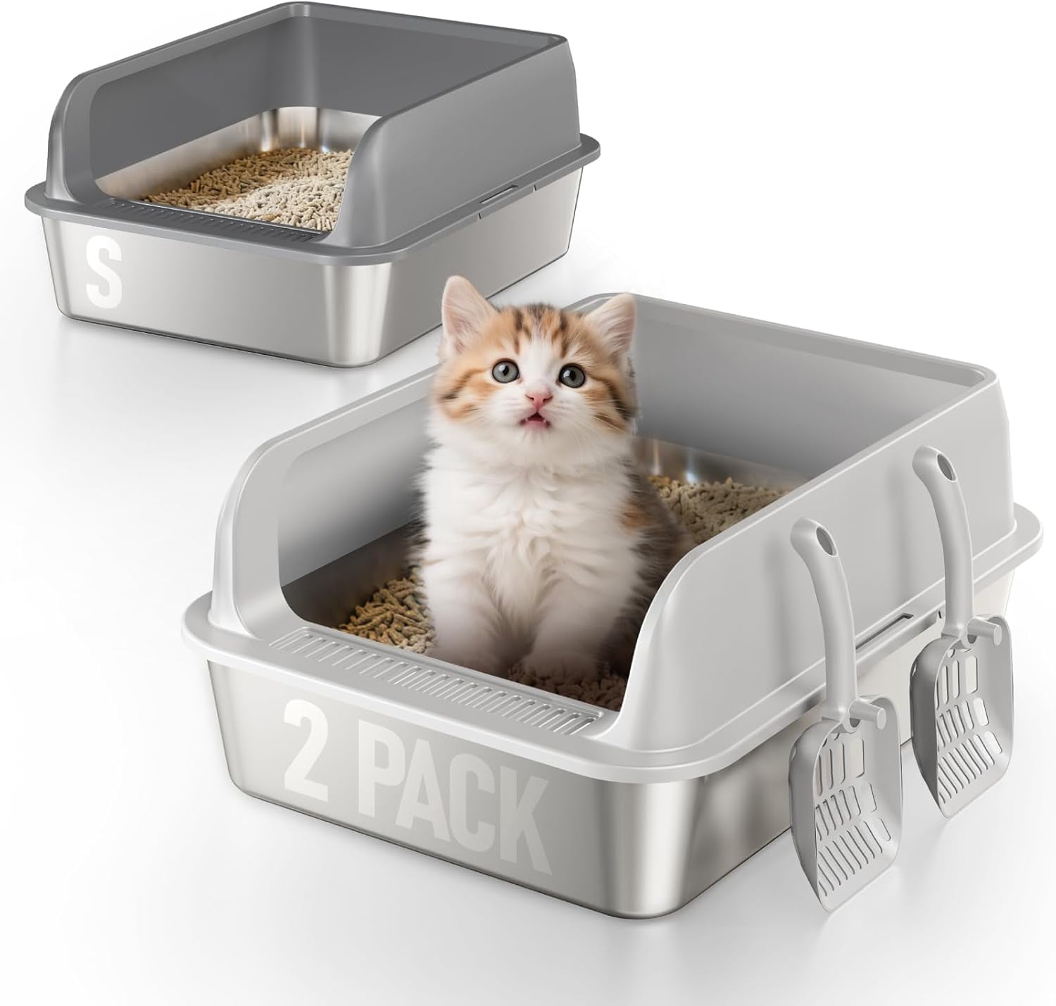 2 Stainless Litter Box with Scoops, Non- Easy Clean Litter Box with Lid ...