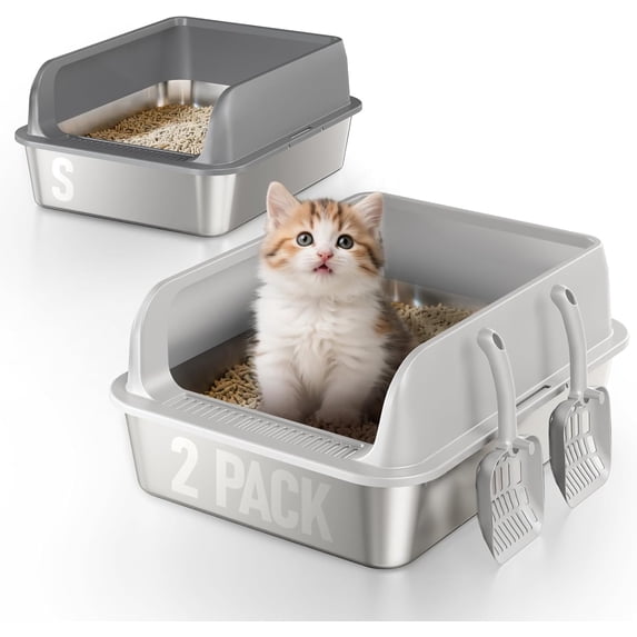 2 Stainless Litter Box with Scoops, Non- Easy Clean Litter Box with Lid ...