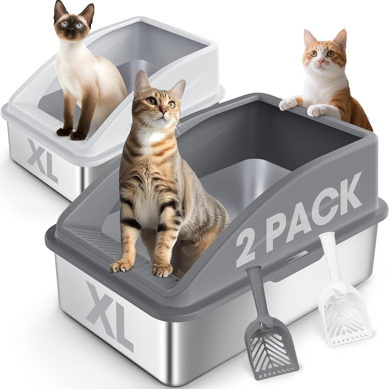2 Stainless Litter Box | XL Enclosed Litter Boxes with Lid for Big Cats ...