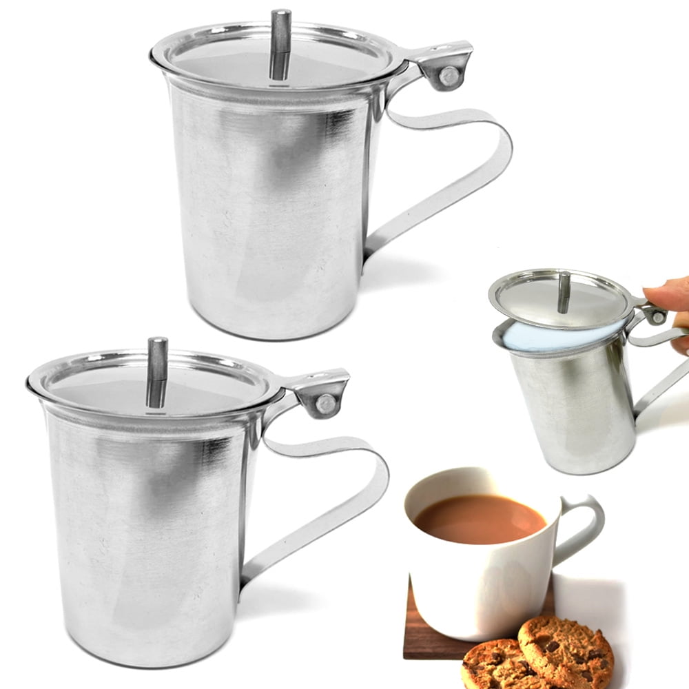 2 Stainless Steel Coffee Creamer Container Cover 10oz Milk Pitcher Lid ...