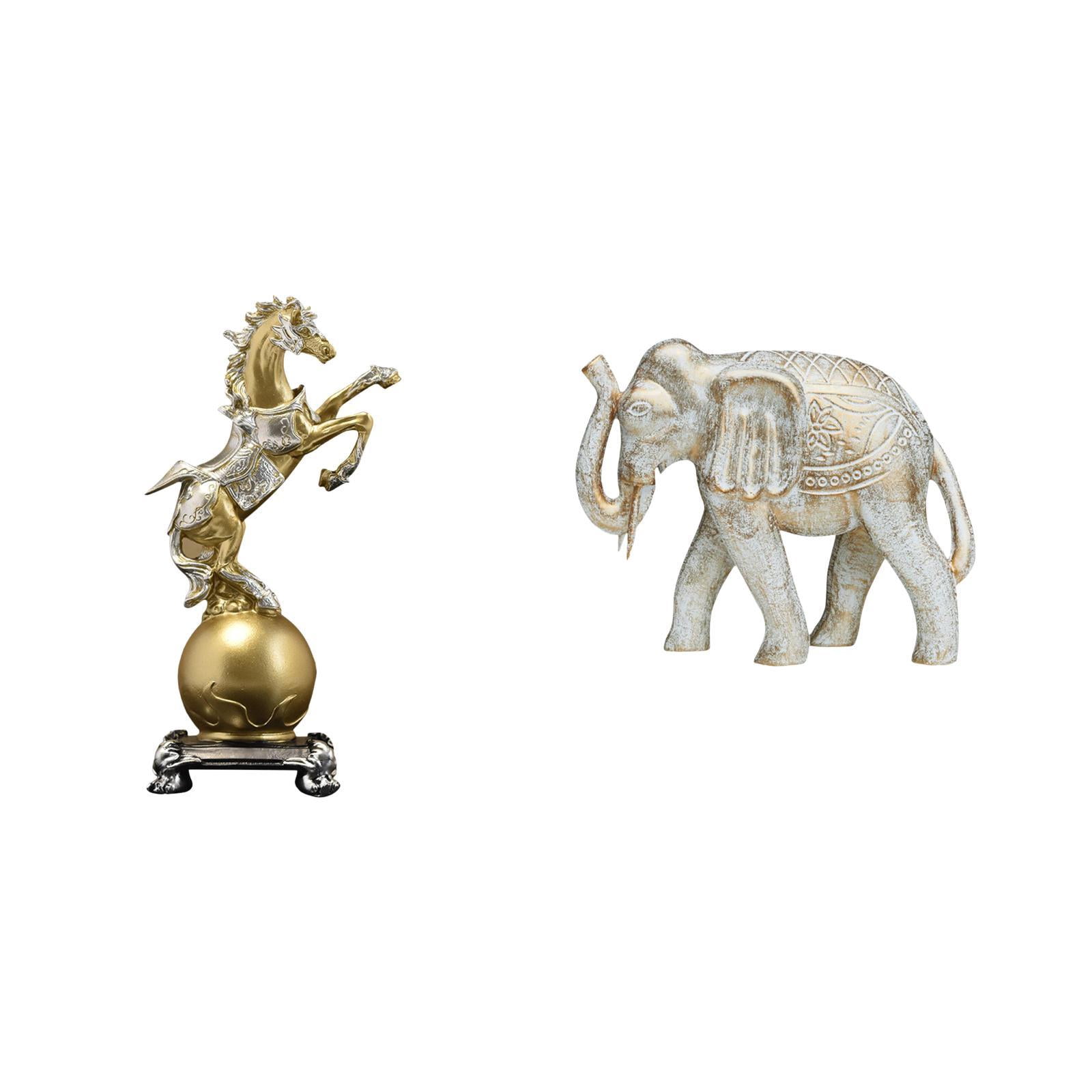 2 Statues Elephant Figurine Horse Sculpture Hand Carved Wood Resin ...