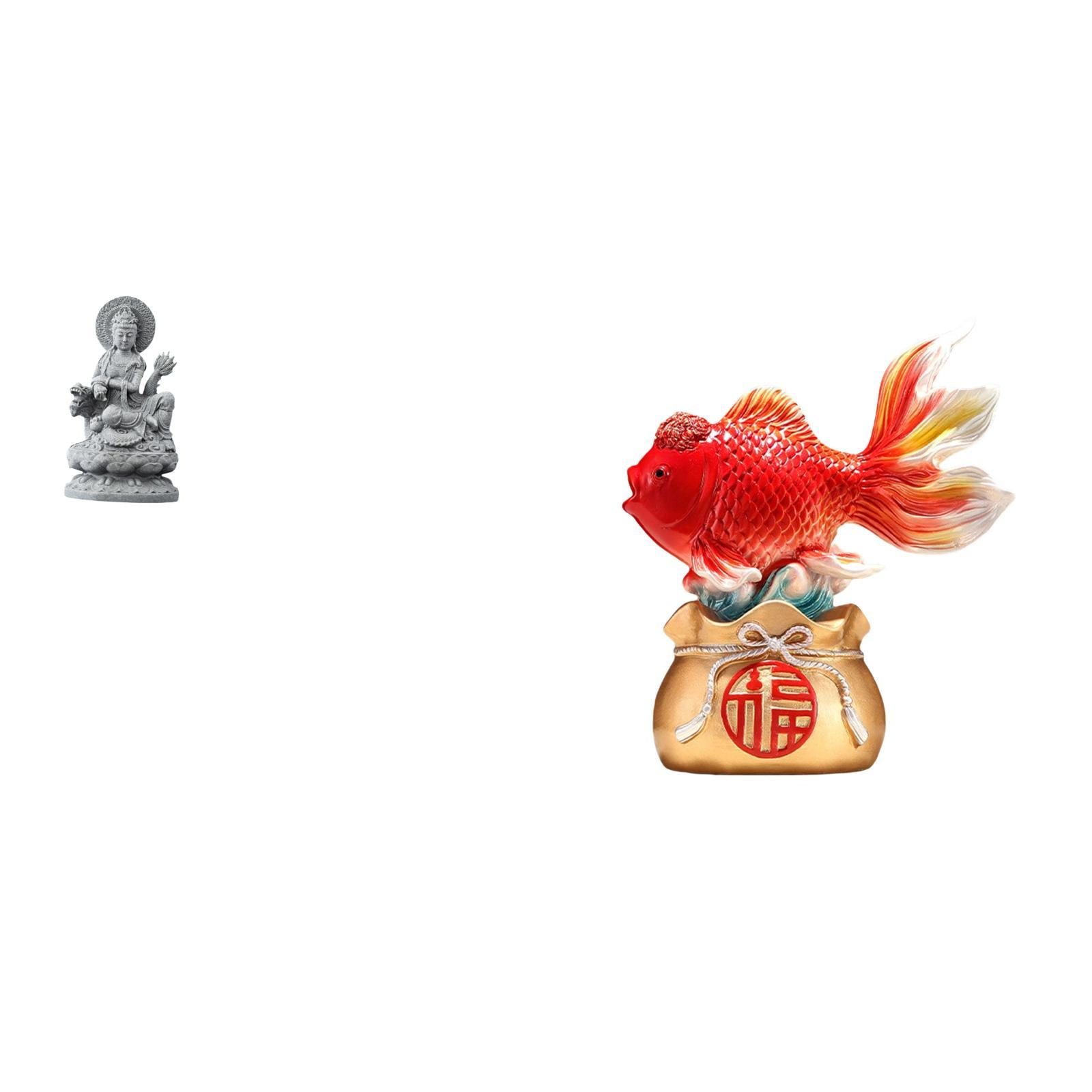 2 Statues Guan Yin Figurine Feng Shui Fish Chinese Sculpture Compact ...