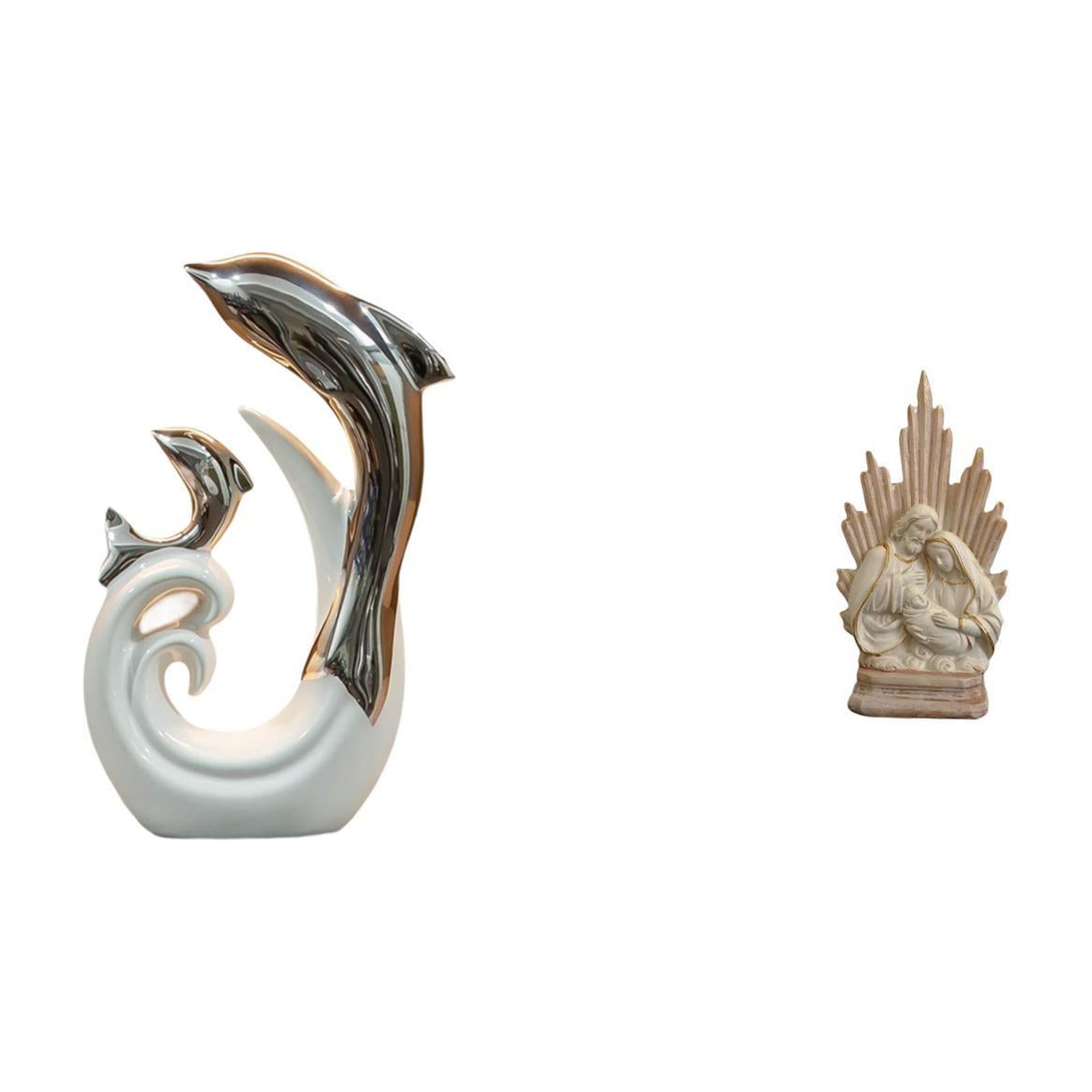 2 Statues Silver White Sculpture Ceramic Dolphin Figurine Resin Surface ...