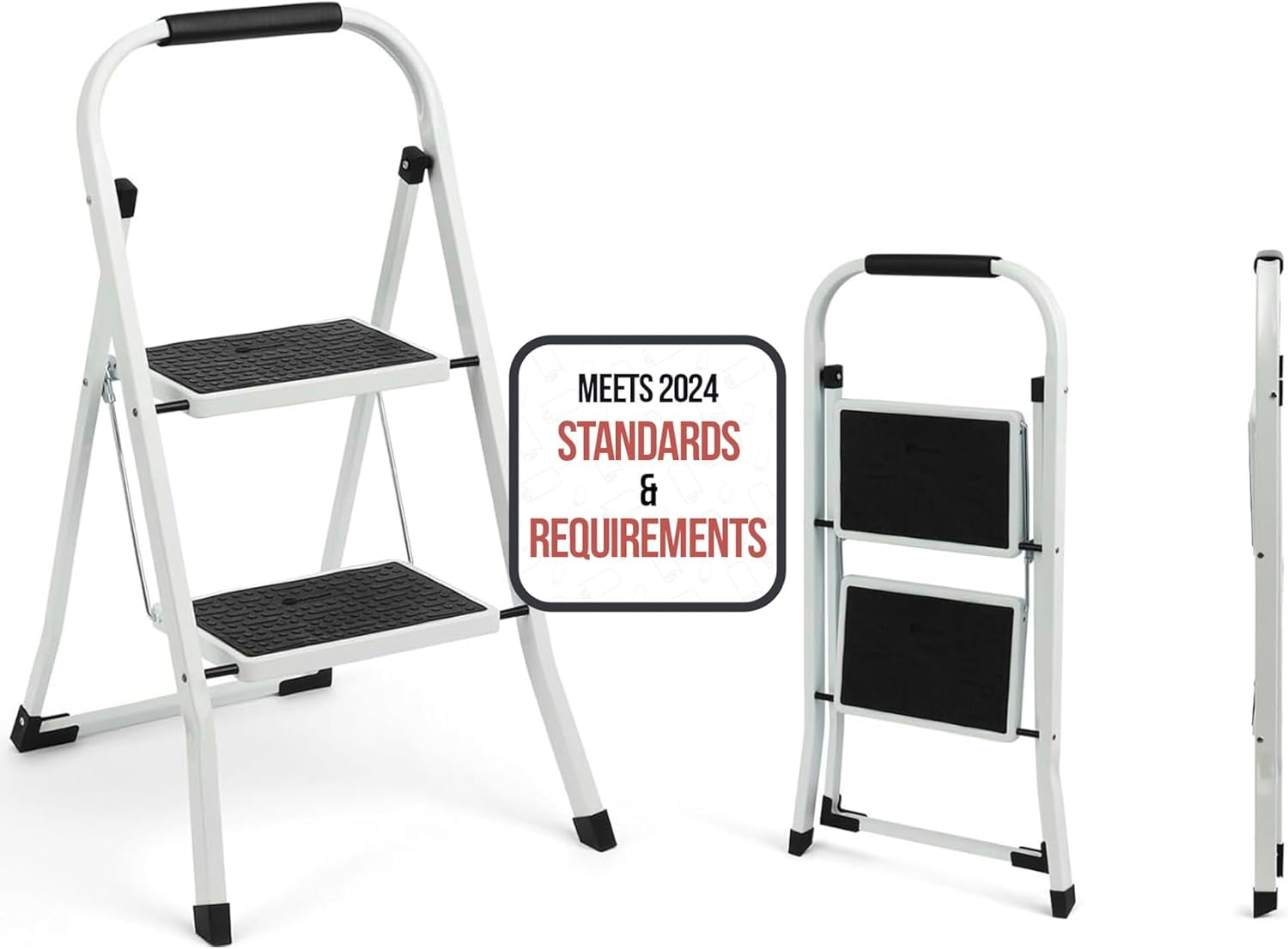 2-Step Folding Ladder 350 LBS Capacity Anti-Slip Wide Steps ANSI ...