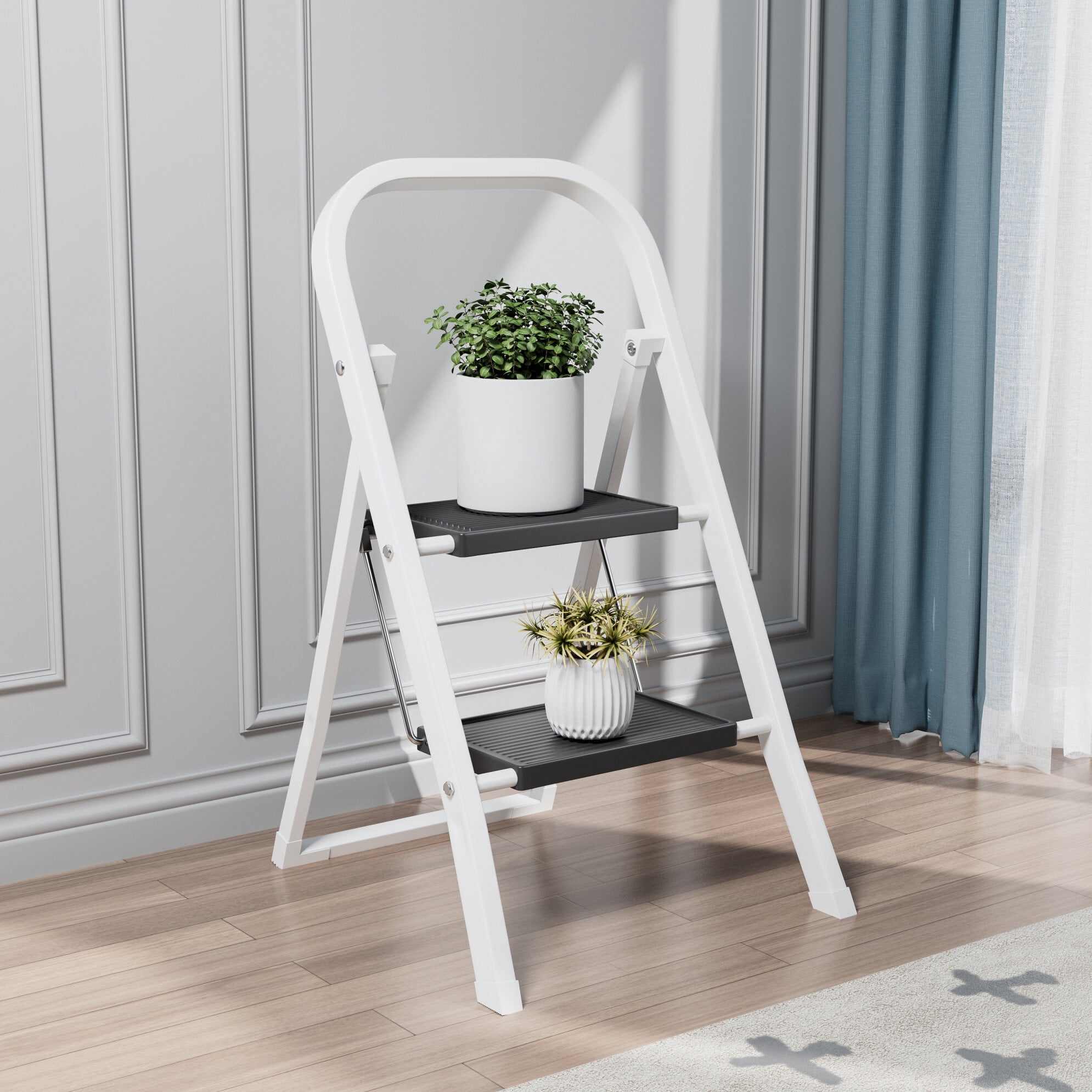 2 Step Folding Ladder, Heavy Duty Metal Step Ladder with Safety Buckle ...