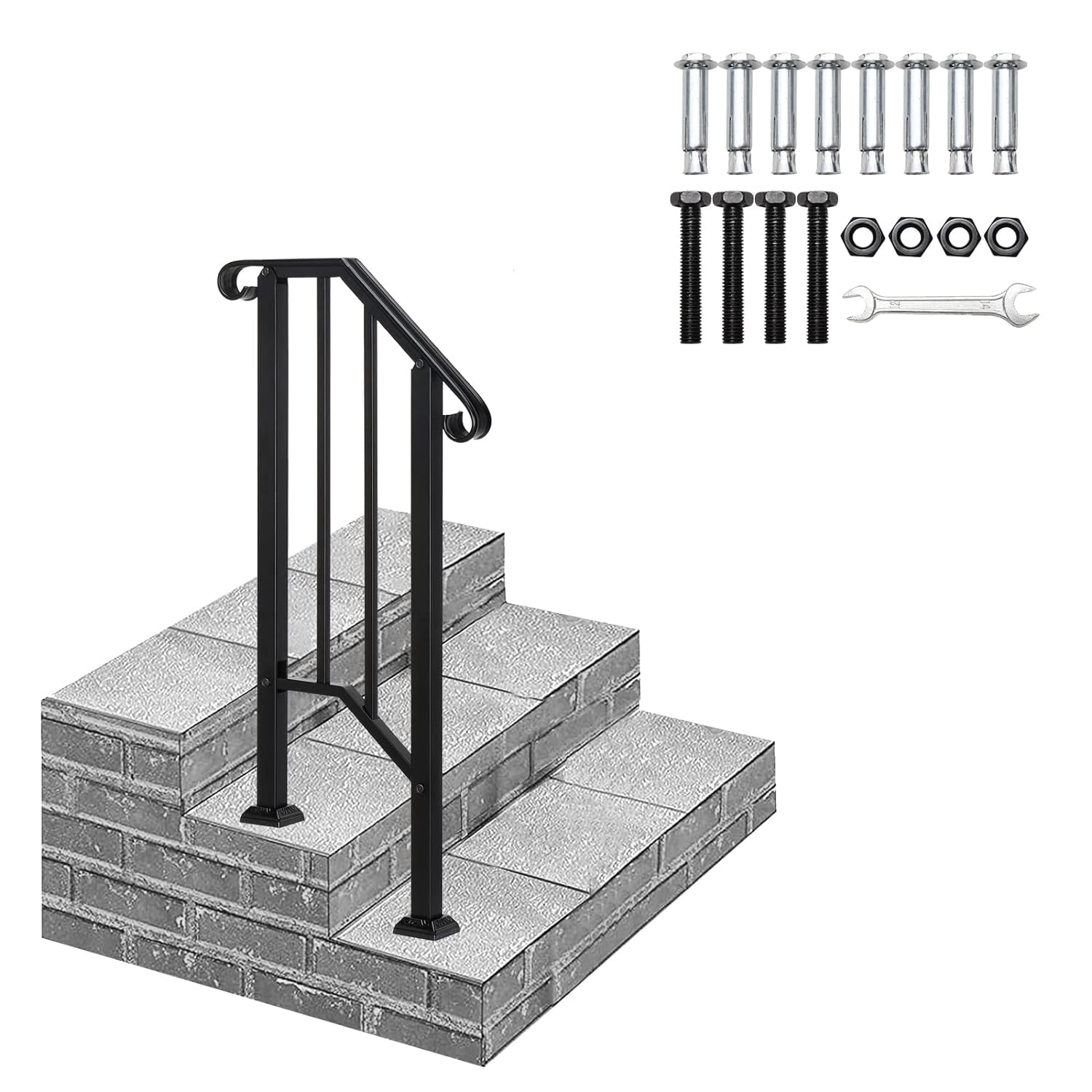 2 Step Handrails for Outdoor Steps, Fits 1 or 2 Steps Wrought Iron Stair Railing, Metal Hand ...
