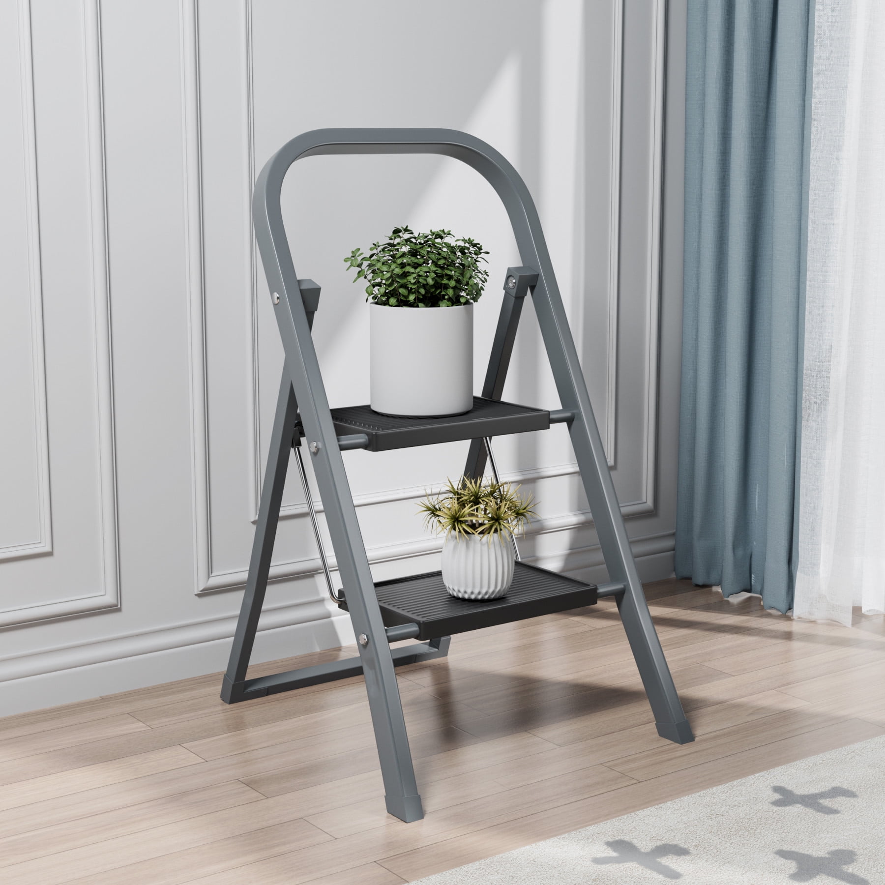 2-Step Ladder with Steel Frame, Step Stool with Wide Anti-Slip Foot Mat ...