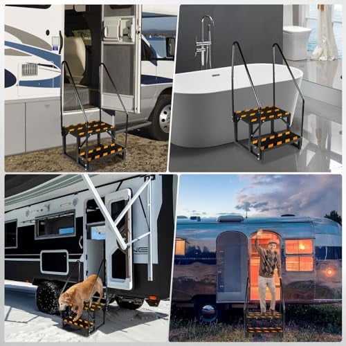 2 Step RV Stair with 2 Handrail Steel RV Step Hot Tub Outdoor Mobile ...