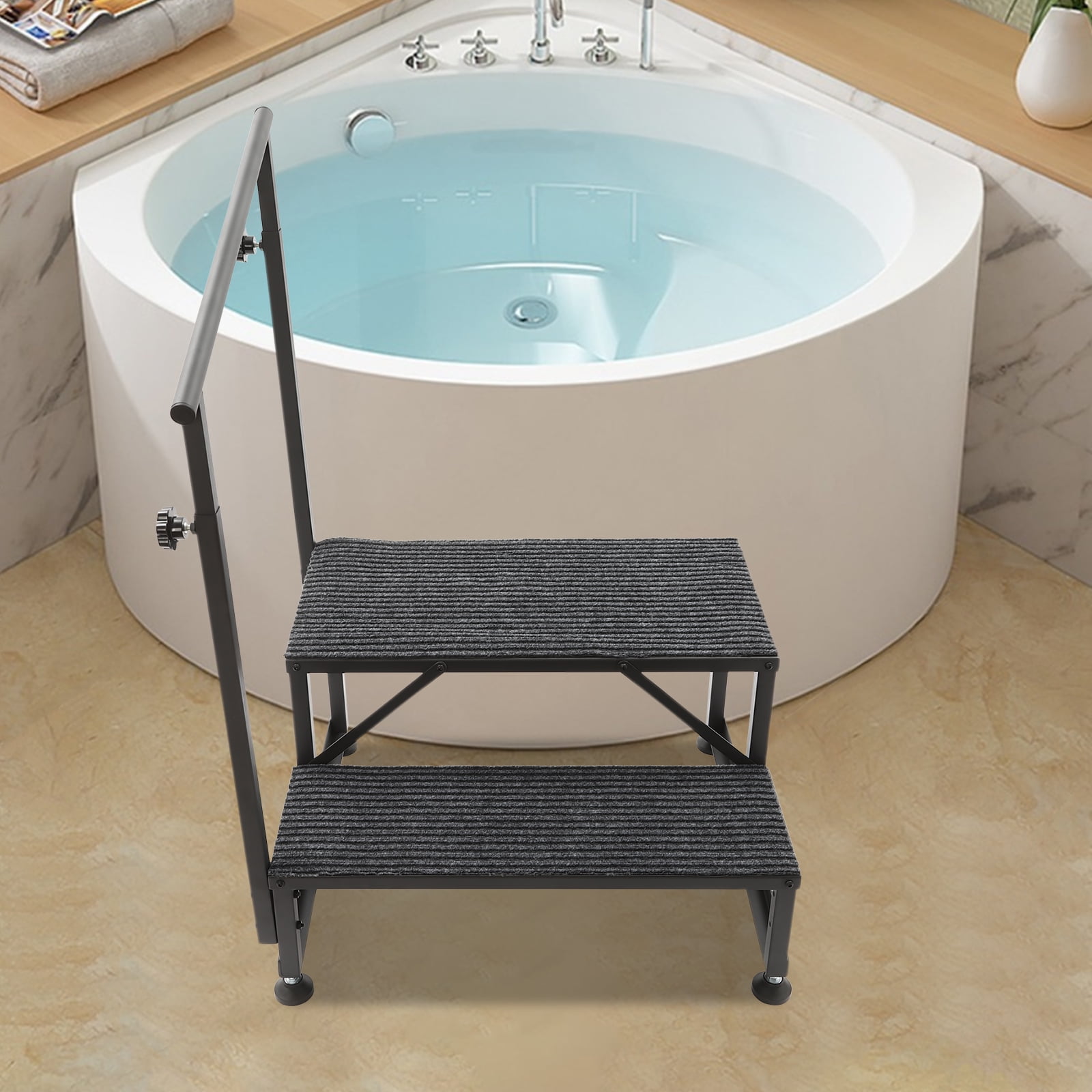 2-Step Steel Ladder with Handrail, Adjustable Non-Slip Foot Pads ...