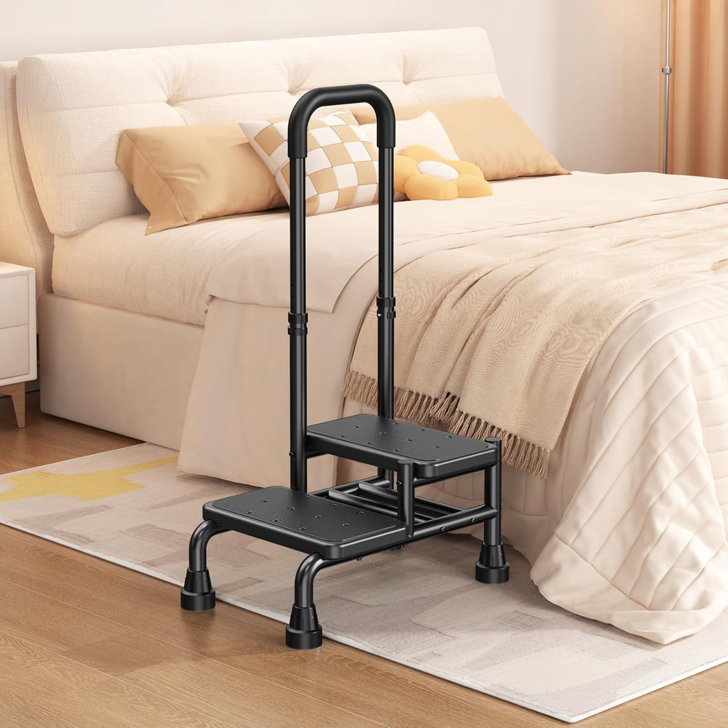 2 Step Stool with Handle for Seniors - Adjustable Handrail &Non-Skid ...