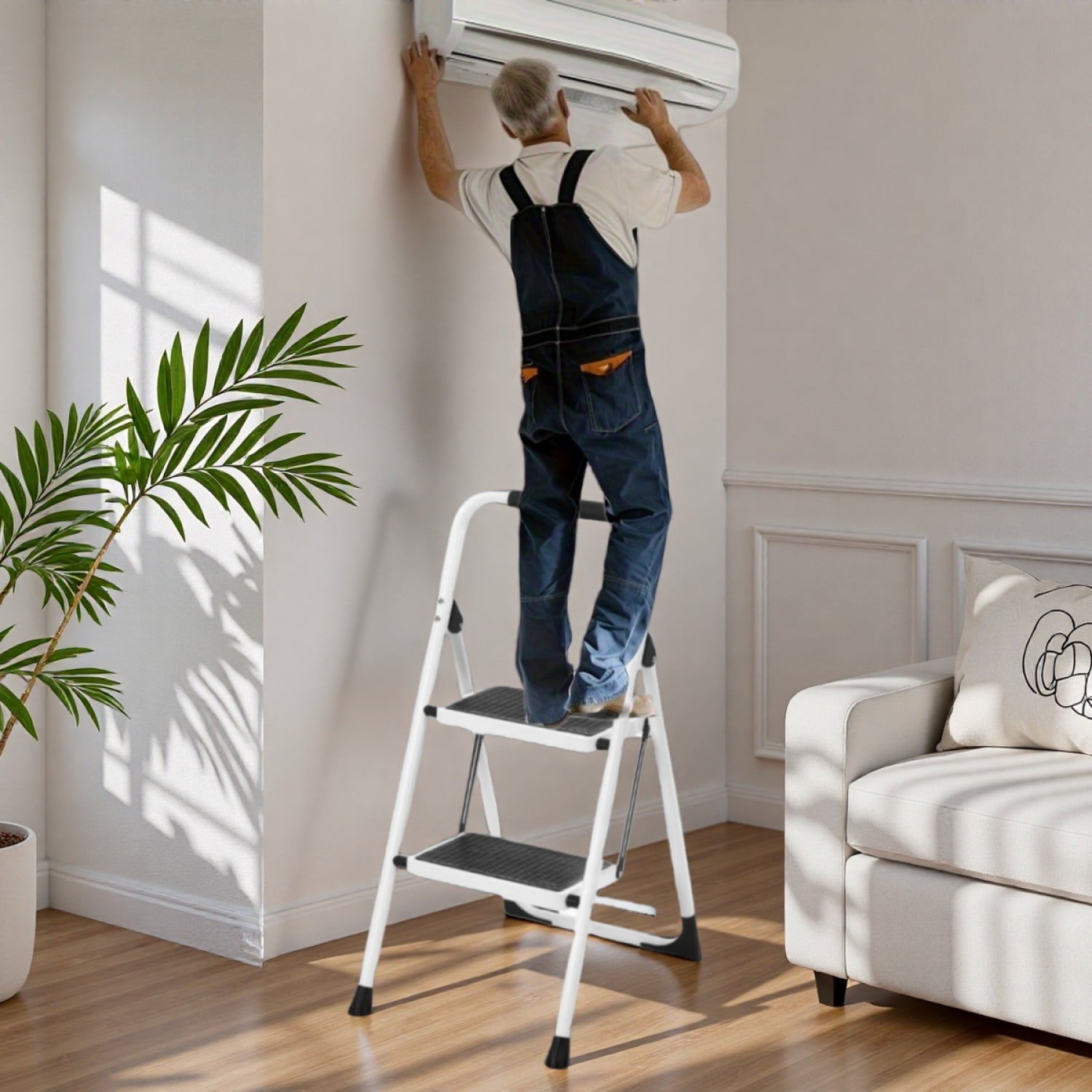 2 Step White Folding Step Stool (330LBS) - Anti-Slip Wide Pedal ...