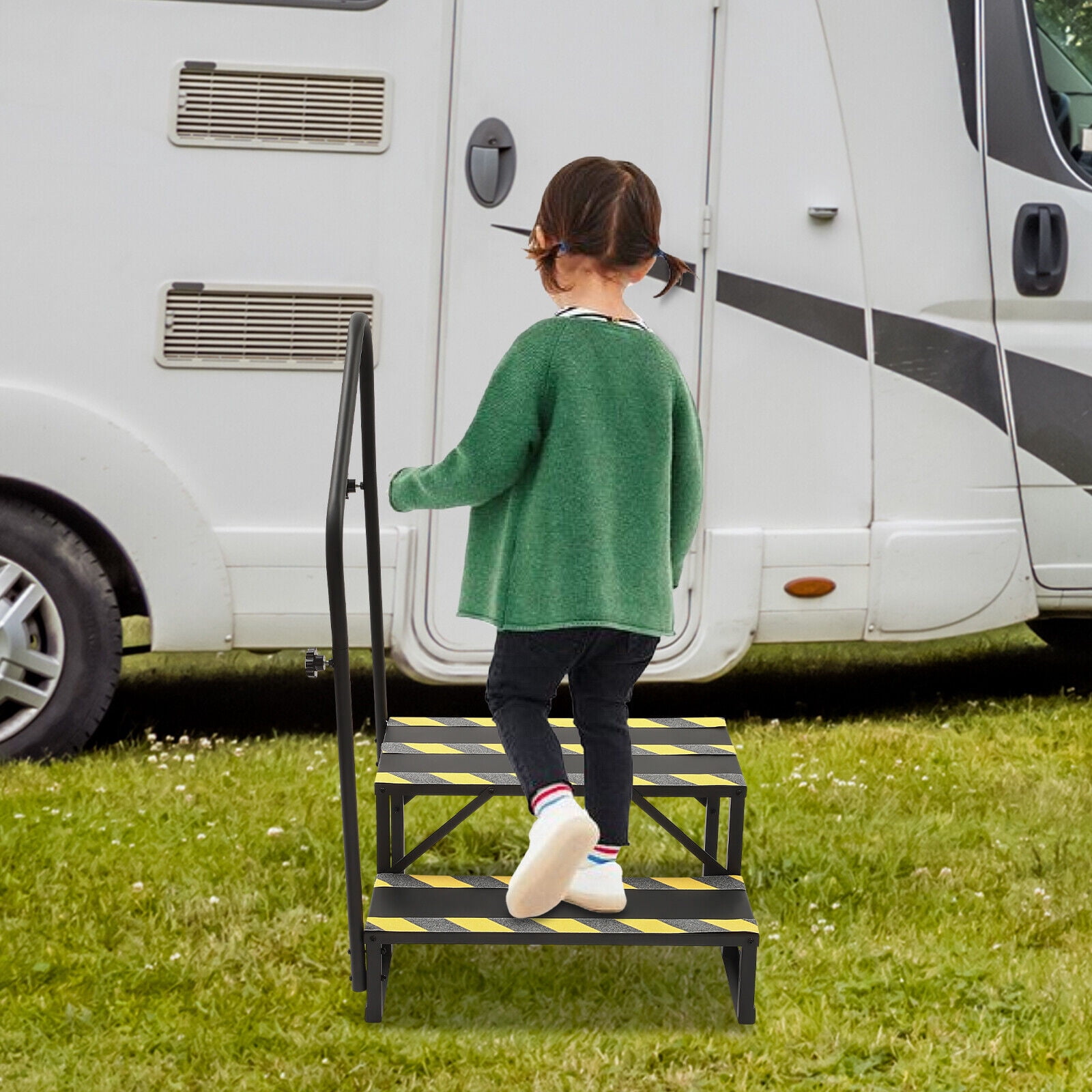 2 Steps With Handrail Hand Rail Stair Black Indoors and Outdoors For RV ...