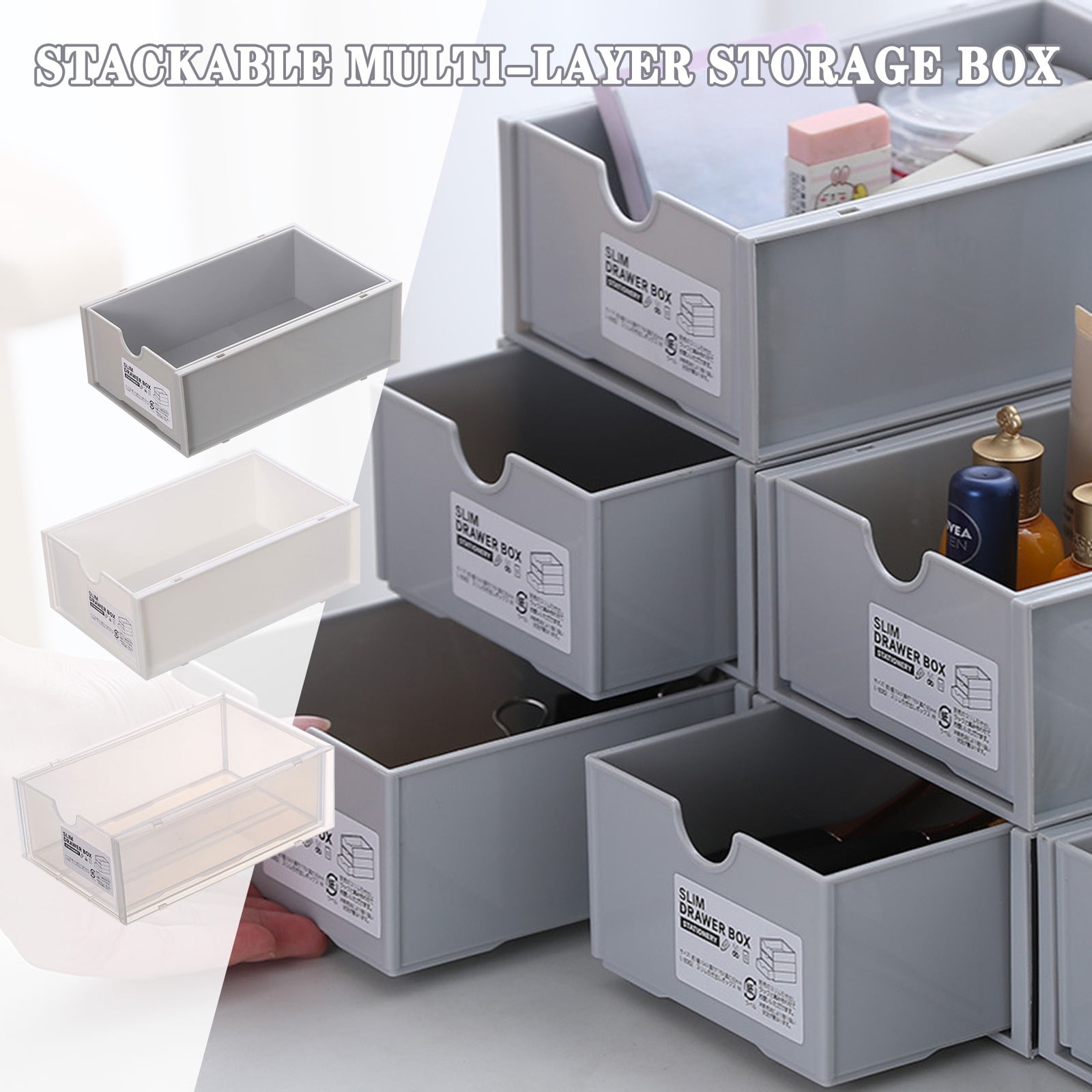 2 × Storage Box Stackable Desktop Drawer Storage Box Student Stationery ...