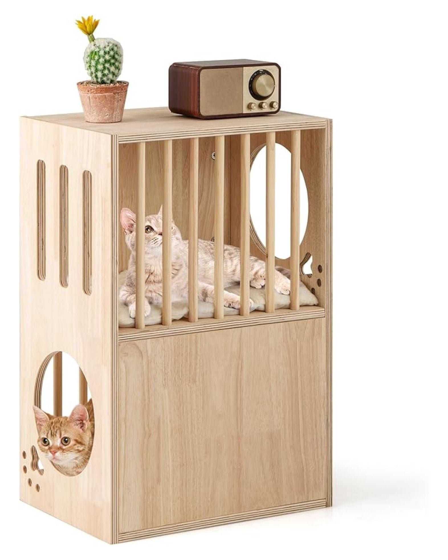2-Storey Wood Cat House for Indoor Cats, Natural Wooden Double Decker ...