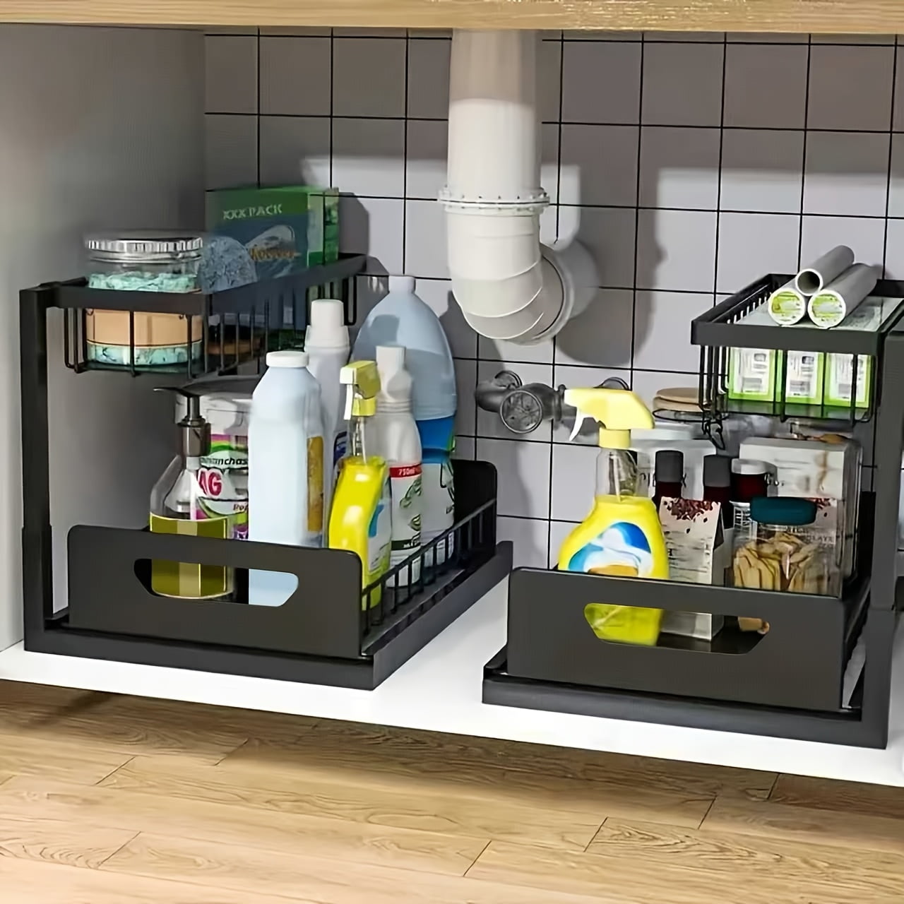 2-Story Push-Pull Kitchen Sink Organizer, Metal Sliding Cabinet Drawers ...