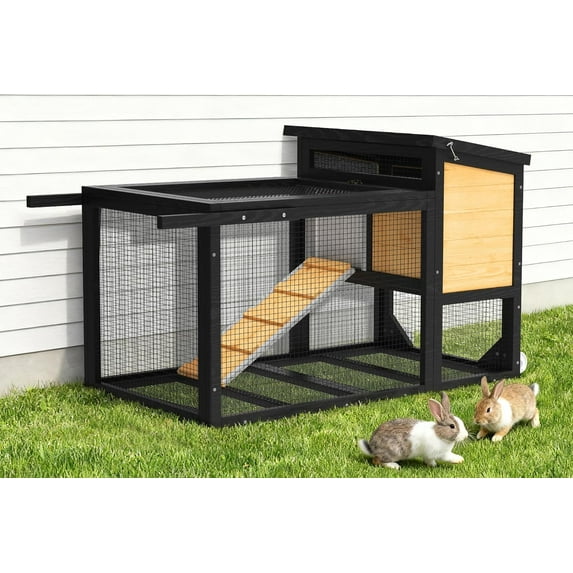2-Story Rabbit Hutch, Bunny Hutch w/Chew-Proof Ramp & Wheels, Indoor ...