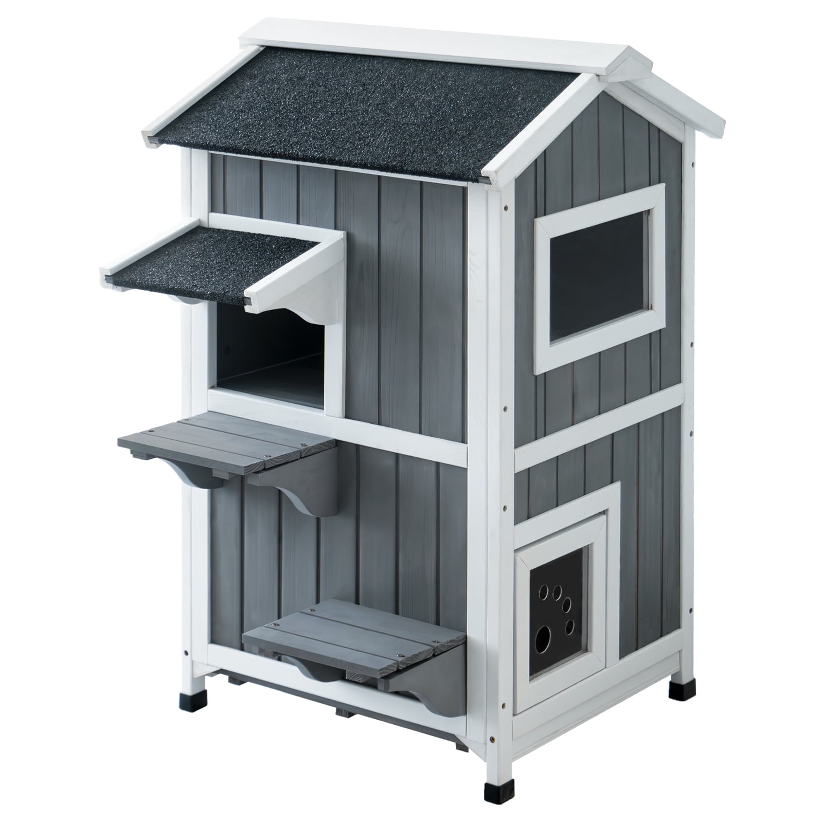 2-Story Weatherproof Outdoor Cat Shelter with Openable Roof & Escape ...