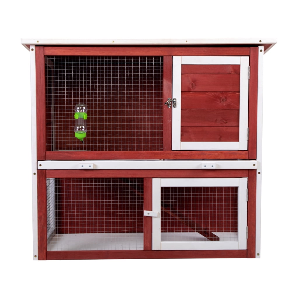 2-Story Wood Rabbit Hutch with Ramp Doors Pull-out Tray Water Bottle ...