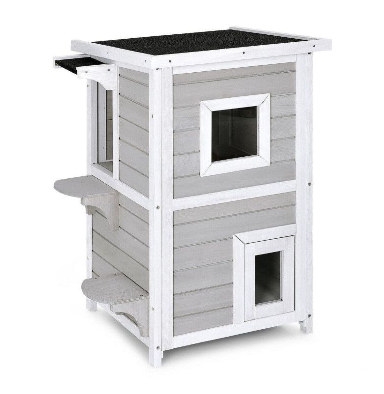 2-Story Wooden Cat House with Escape Door - Indoor Outdoor Cat Condo ...