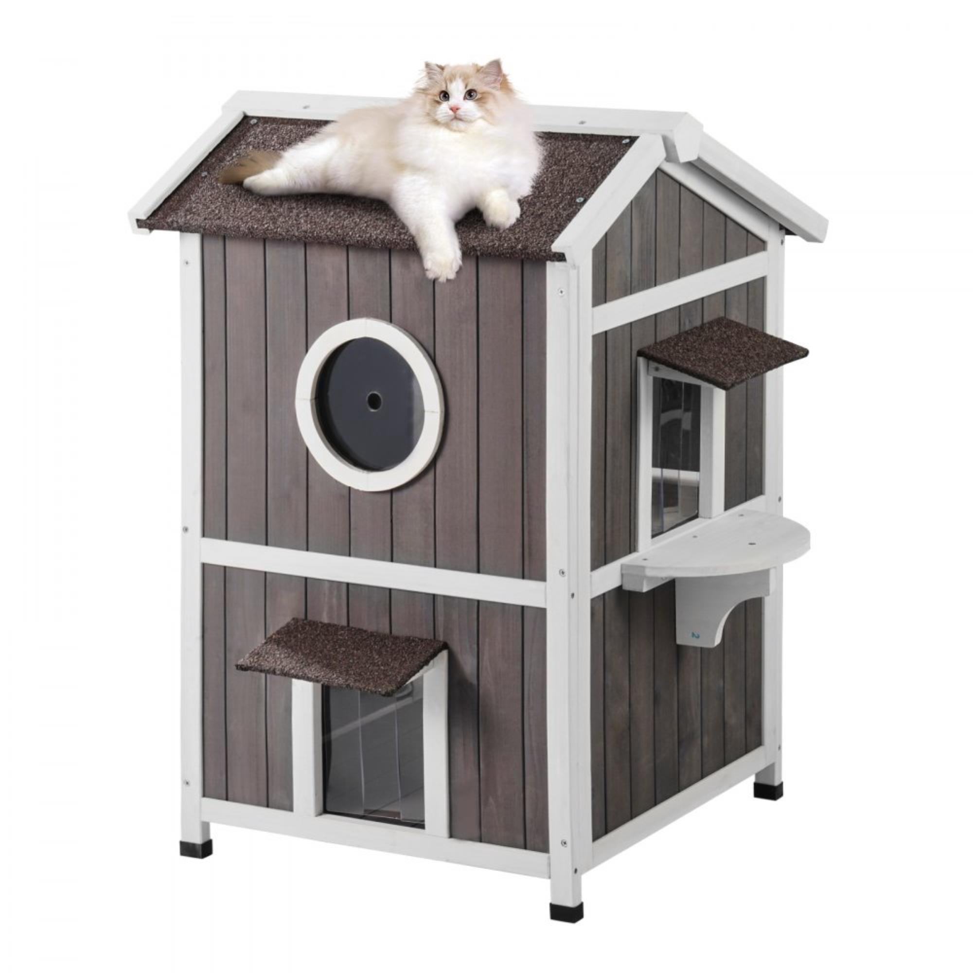 2-Story Wooden Outdoor Cat House Shelter with Roof, Door Flaps ...