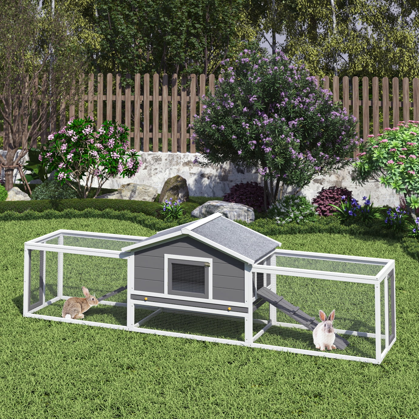 2-Story Wooden Rabbit Hutch, Large Waterproof Rabbit Cage with Pull Out ...