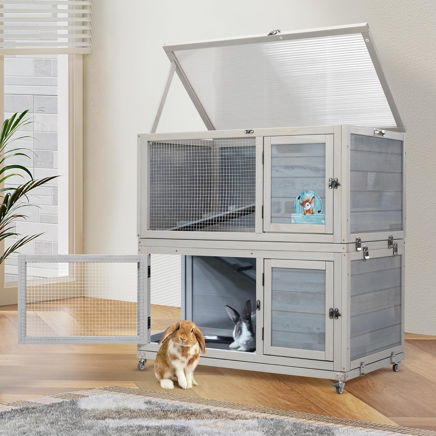 2 Story Wooden Rabbit Hutch, Weatherproof Indoor Outdoor Bunny Cage ...