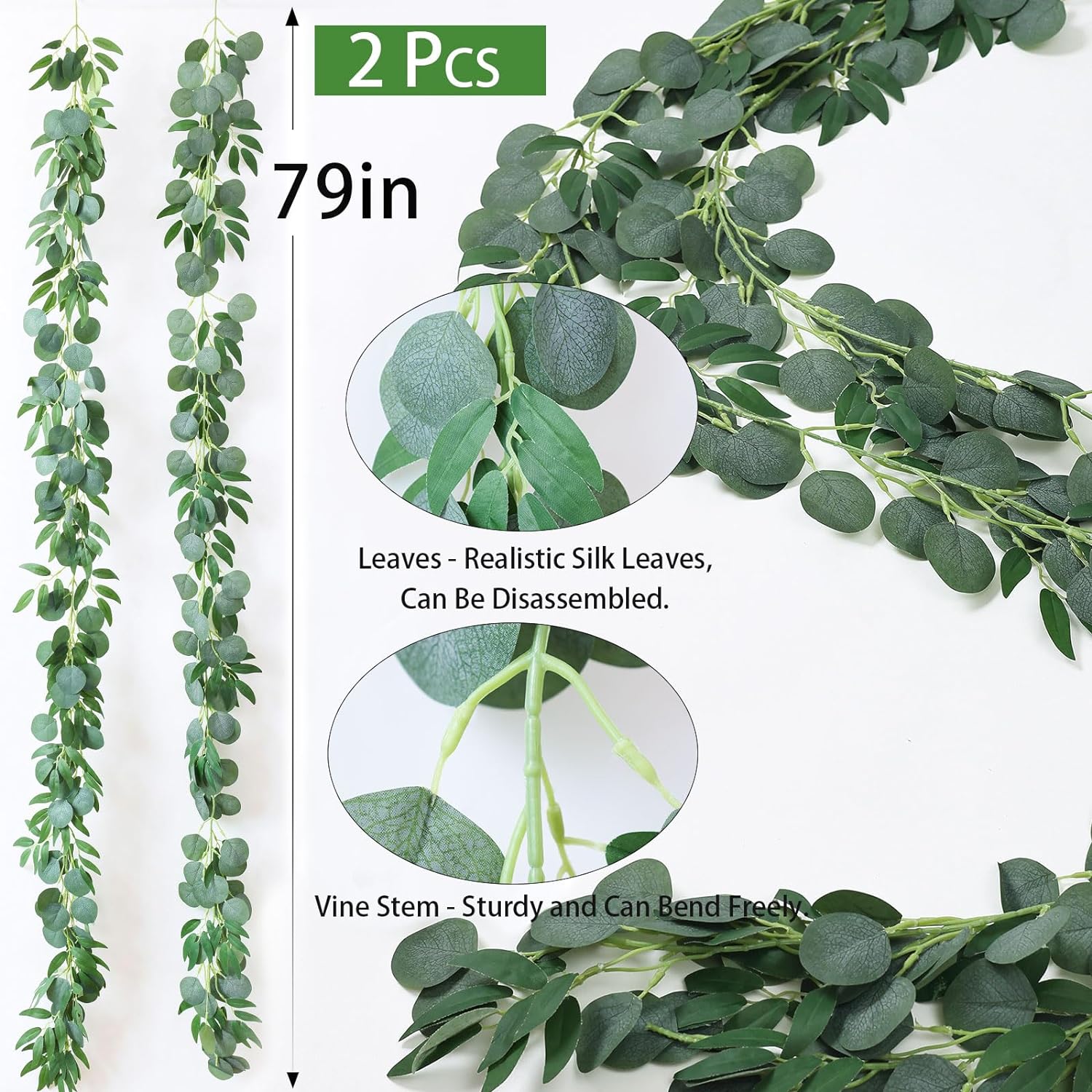2 Strands Artificial Vines Eucalyptus Garland 79" Fake Vine With Silk Green - Walmart.com