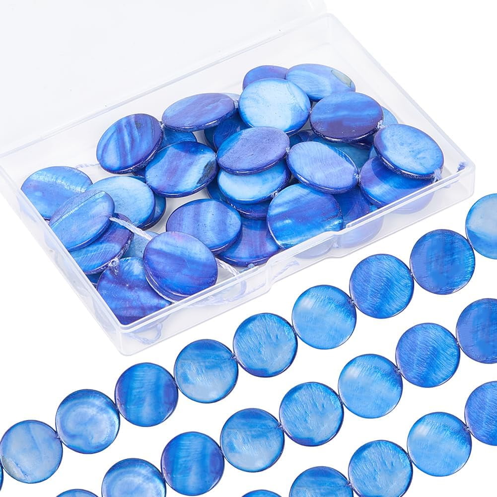 2 Strands Natural Shell Beads Strands Dyed Flat Round Blue 20mm Hole: 0 ...