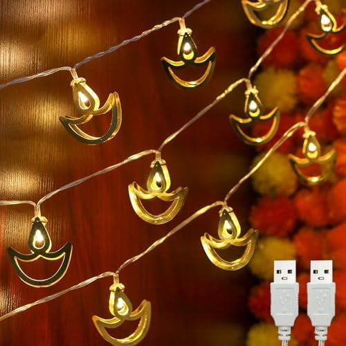 2 Strings 20pcs Metal Diwali Diya String Lights - Warm White USB LED ...