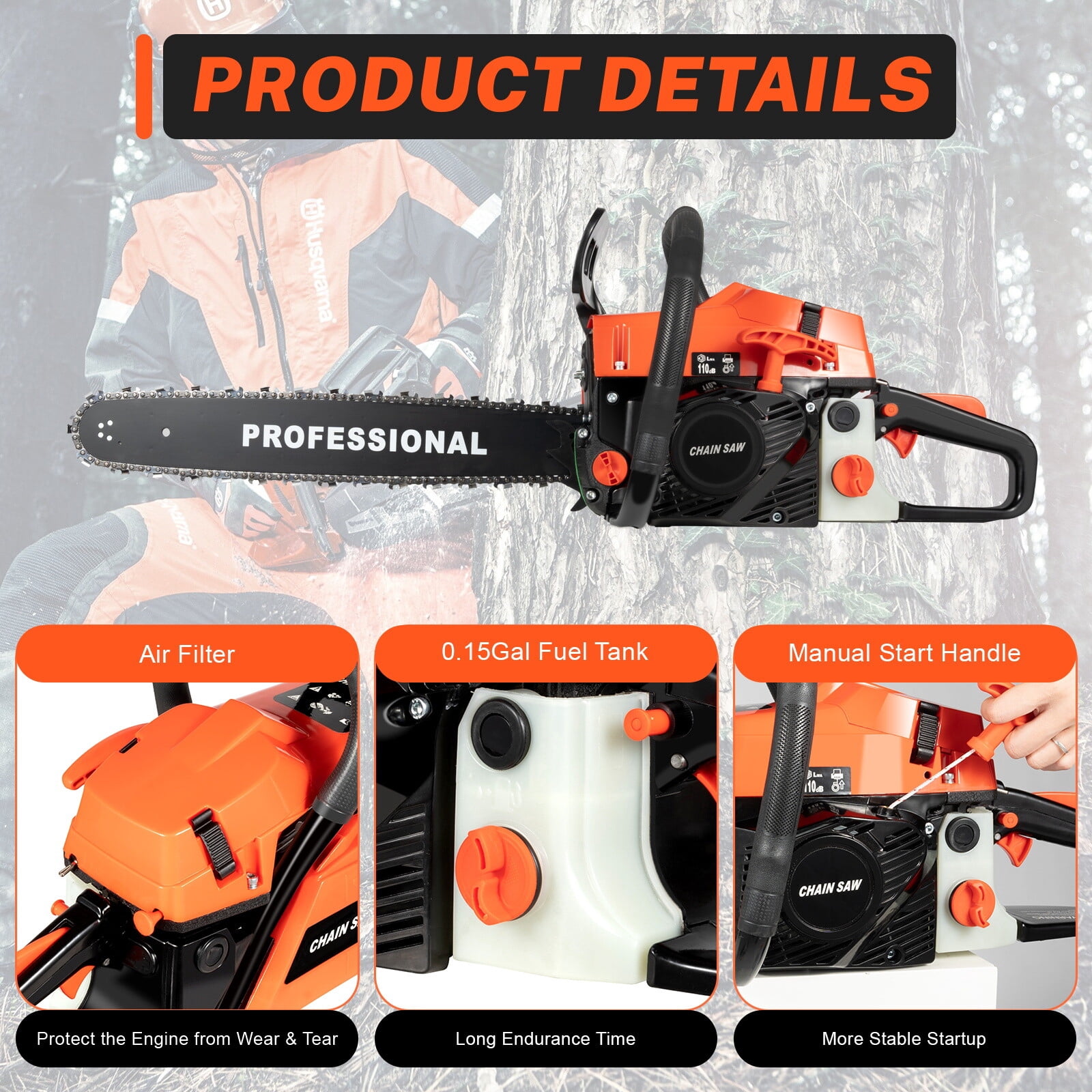 2-Stroke Gasoline Chainsaw 58 CC 20" Bar Power Engine Wood Cutting Gas ...
